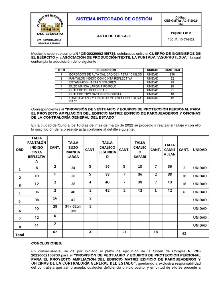 Acta de Tallaje de Vestuario 2022 | PDF