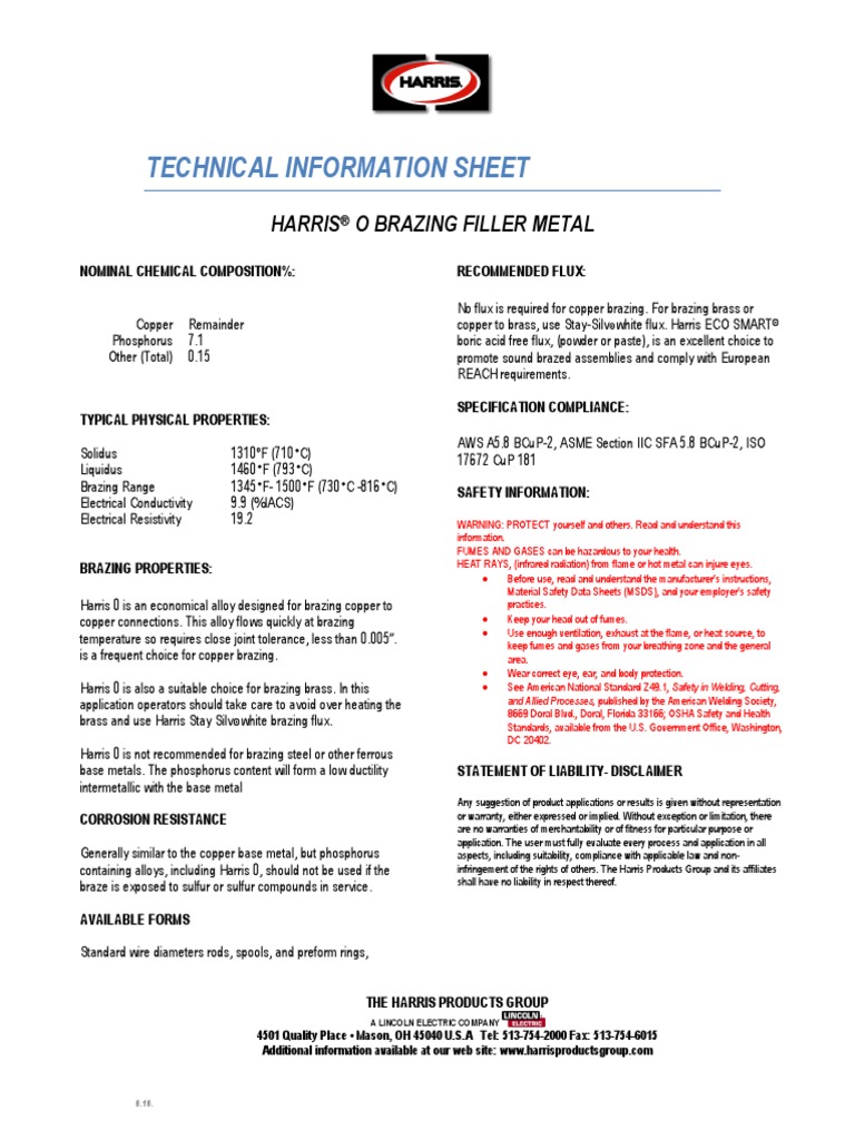 Technical Information Sheet: Harris O Brazing Filler Metal | PDF ...