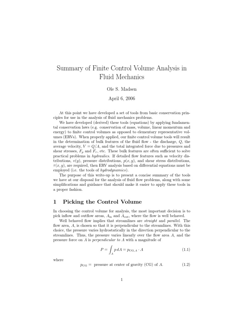 Summary of Finite Control Volume Analysis in Fluid Mechanics | PDF | Fluid Dynamics | Force