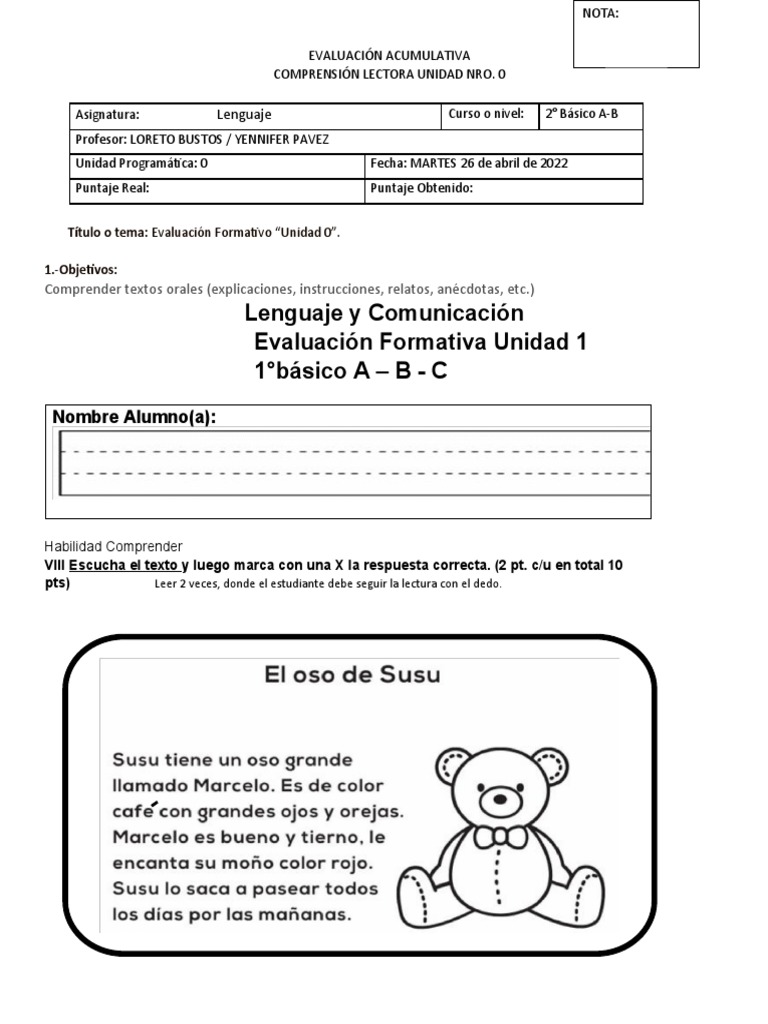 Prueba Acumulativa Lenguaje 2° Básico | PDF