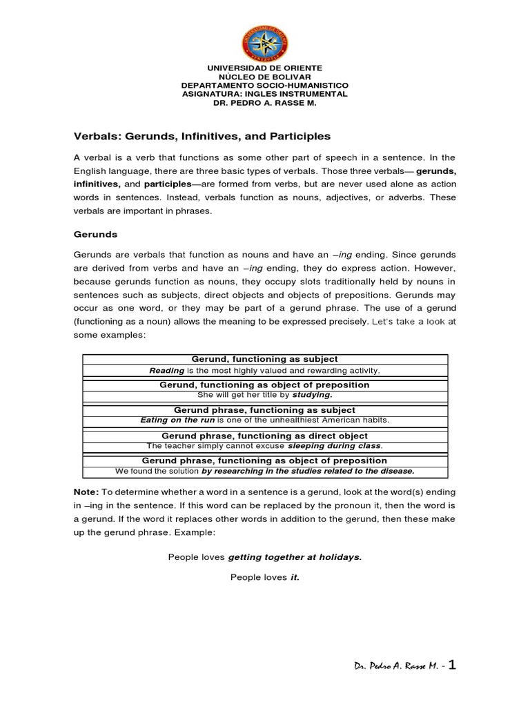 Verbals: Gerunds, Infinitives, and Participles | PDF | Verb | Adjective