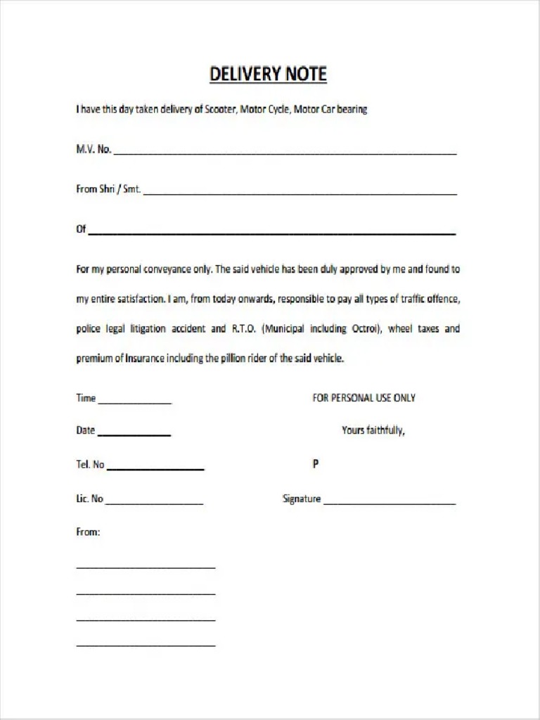 Car Delivery Note Free PDF Template | PDF