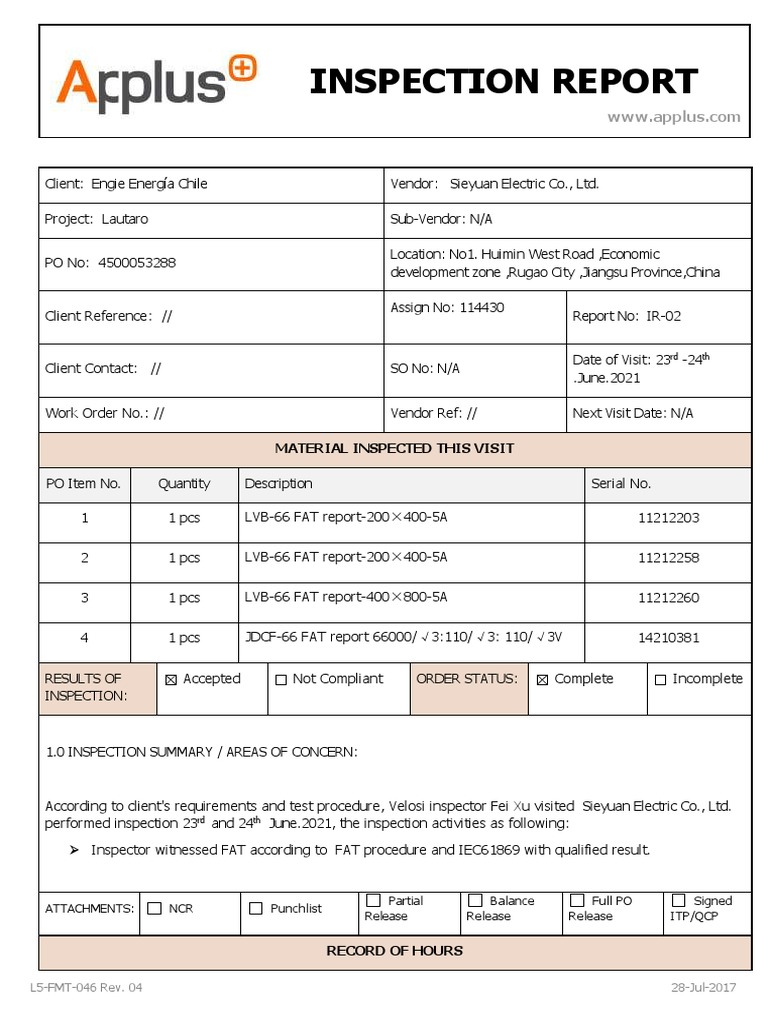 Inspection Report: Material Inspected This Visit | PDF | Capacitor ...