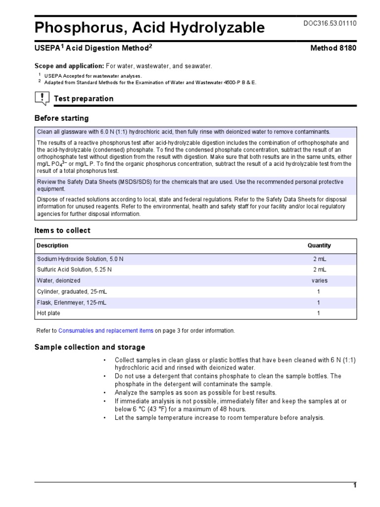 Phosphorus, Acid Hydrolyzable: Usepa Acid Digestion Method Method 8180 ...
