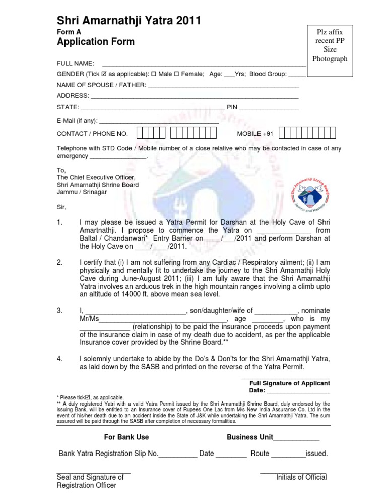 Amarnath Yatra Registration Form | PDF | Business