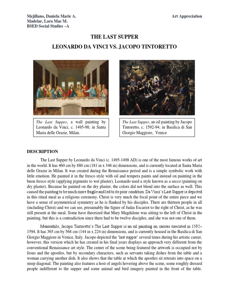 THE LAST SUPPER (Tintoretto vs. Da Vinci) - Art Evaluation | PDF ...