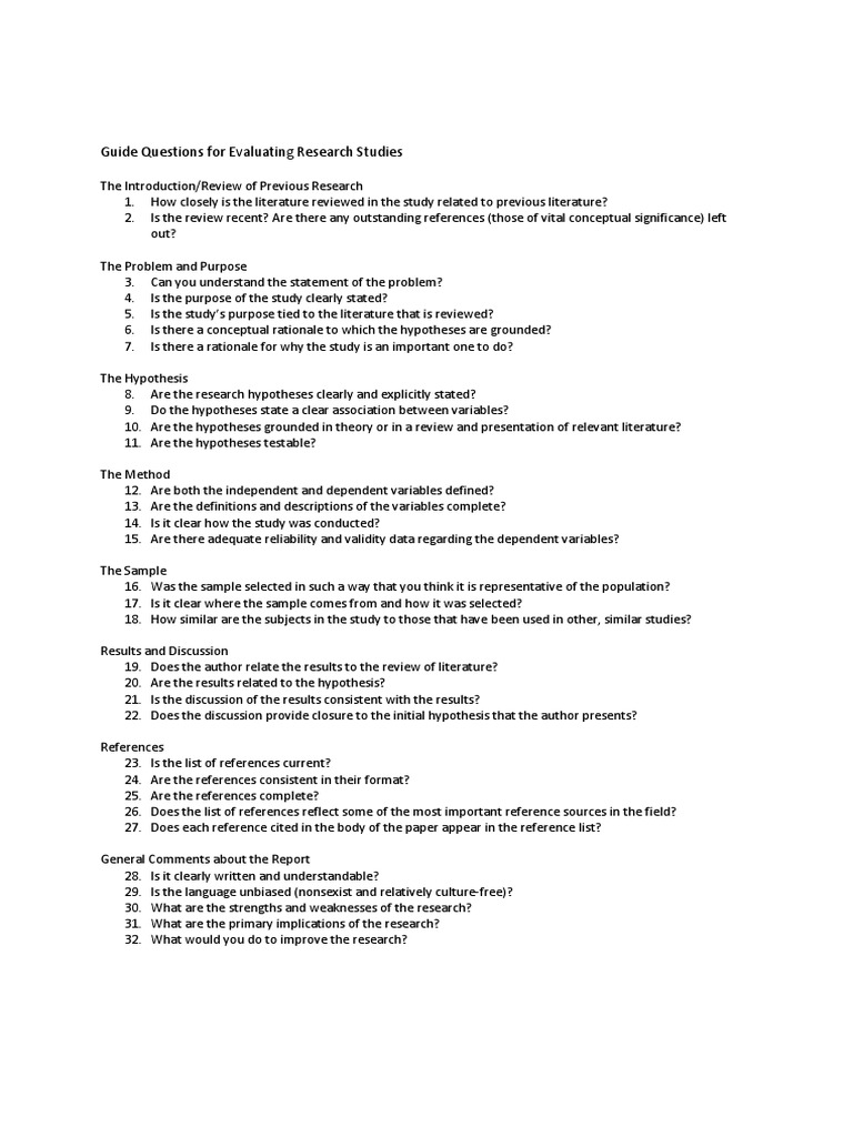 Guide Questions For Evaluating Research Studies | PDF | Hypothesis ...