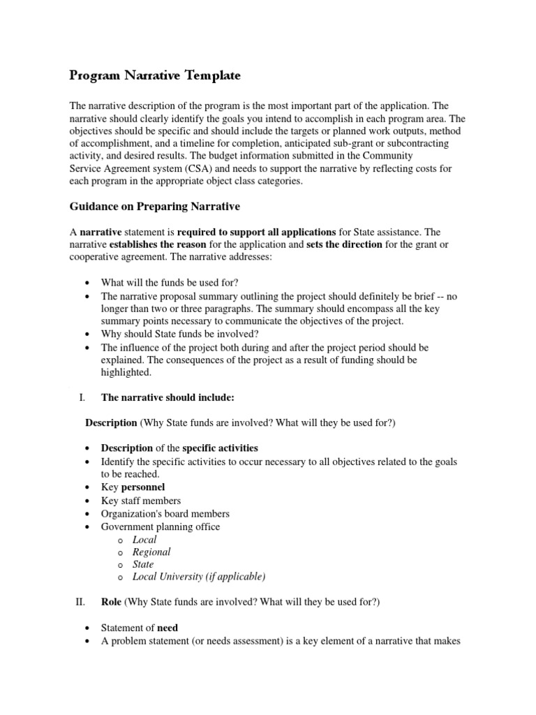 Program Narrative Template: Guidance On Preparing Narrative | Download ...