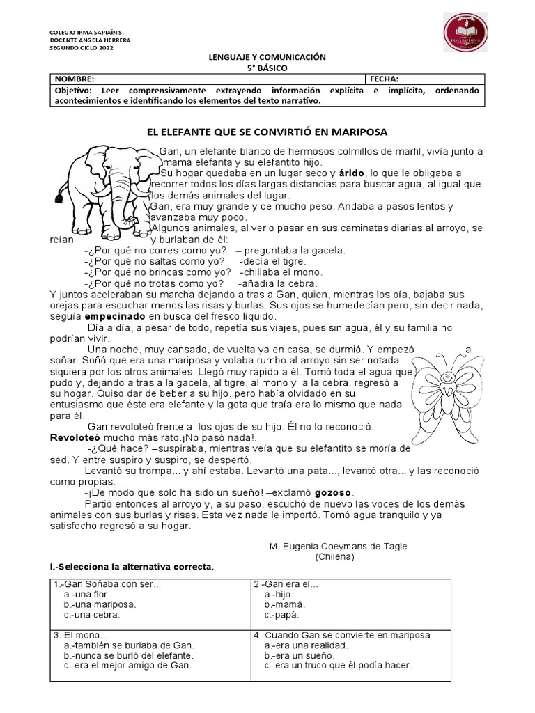 Comprensión Lectora El Elefante Que Se Convirtio en Mariposa | PDF