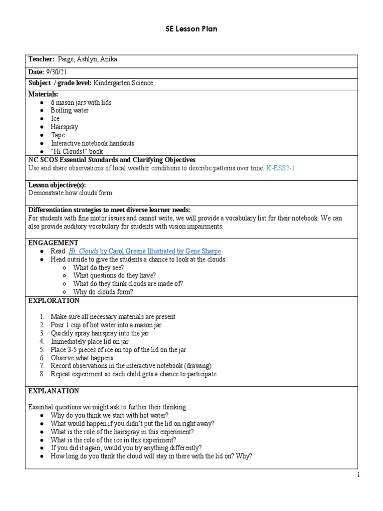 5E Lesson Plan: Use and Share Observations of Local Weather Conditions ...