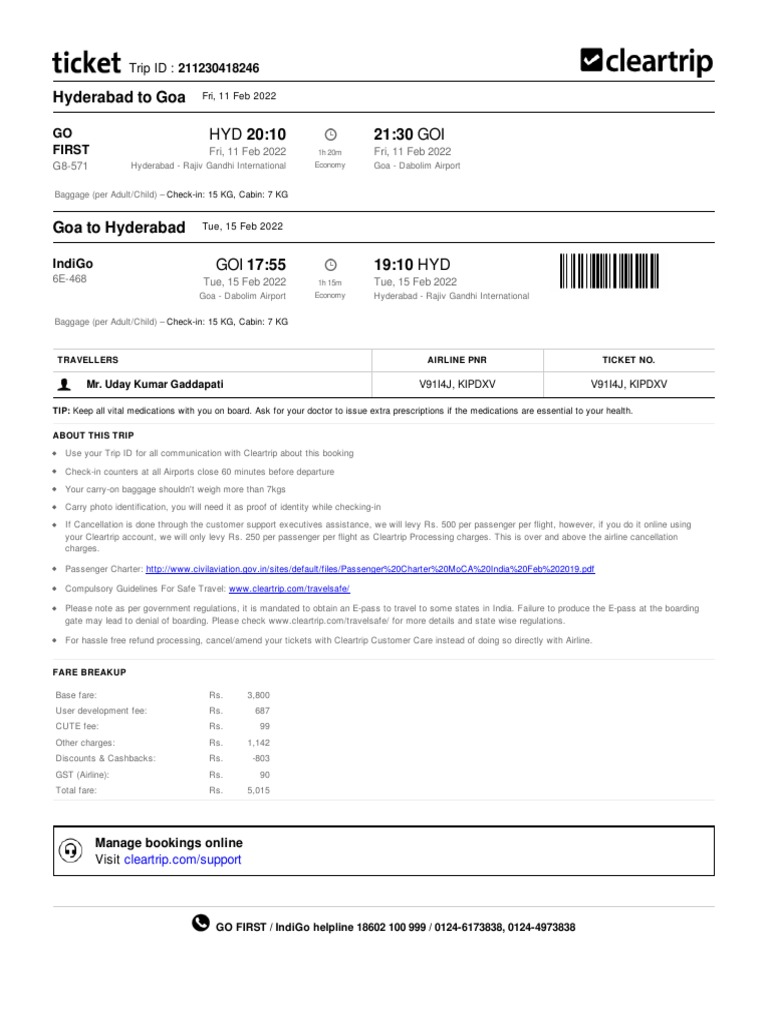 Cleartrip Flight Domestic E-Ticket | PDF | Transport | Aviation