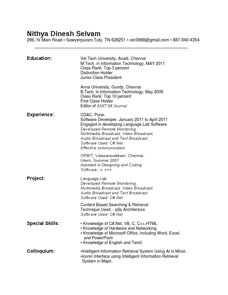 Nithya Dinesh Selvam IT Resume | PDF | Technology & Engineering