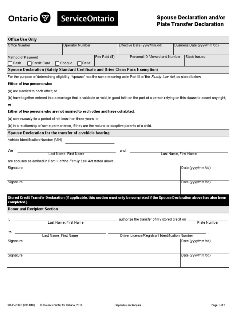 Spouse Declaration And/or Plate Transfer Declaration: Office Use Only ...