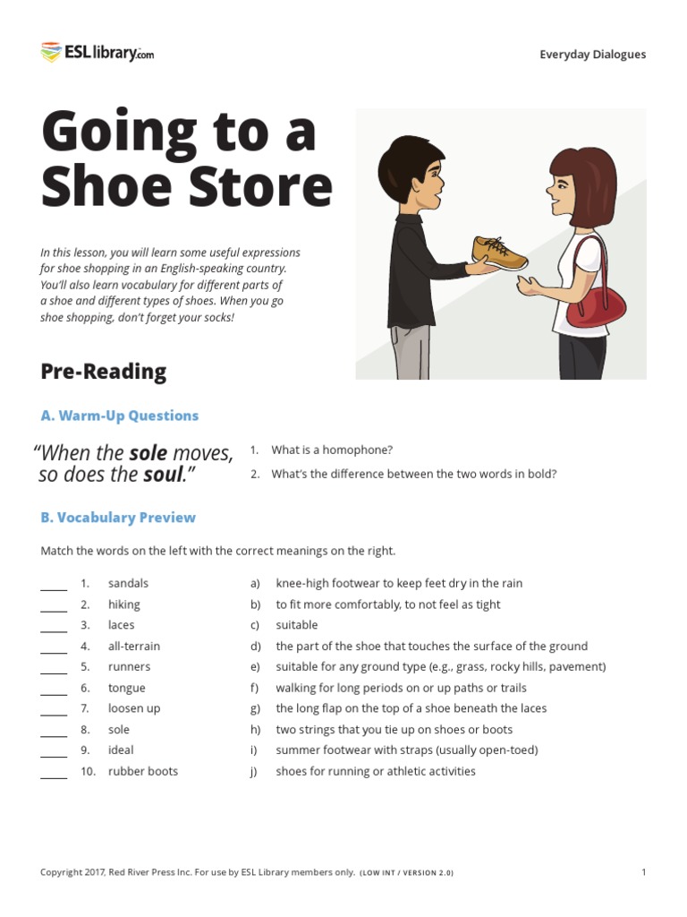 Going To A Shoe Store: Pre-Reading | PDF | Shoe | Cognition