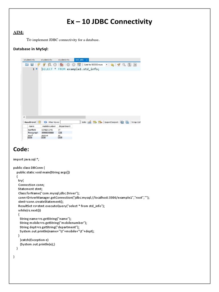 Ex - 10 JDBC Connectivity: Code | PDF | Computers