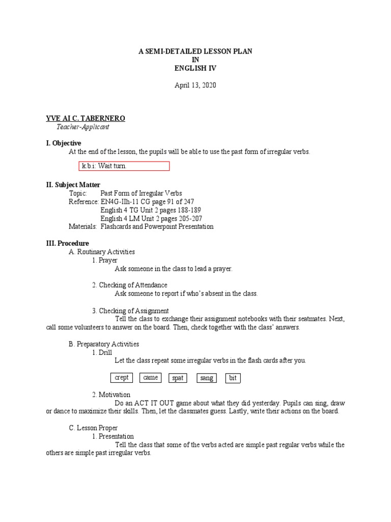 English Semi-Detailed Lesson Plan | PDF | Lesson Plan | Linguistics