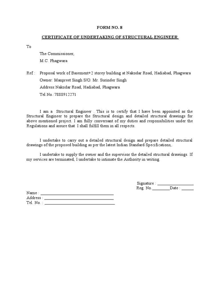 09.Form-8-Certificate of Undertaking of Structural Engineer On Record | PDF