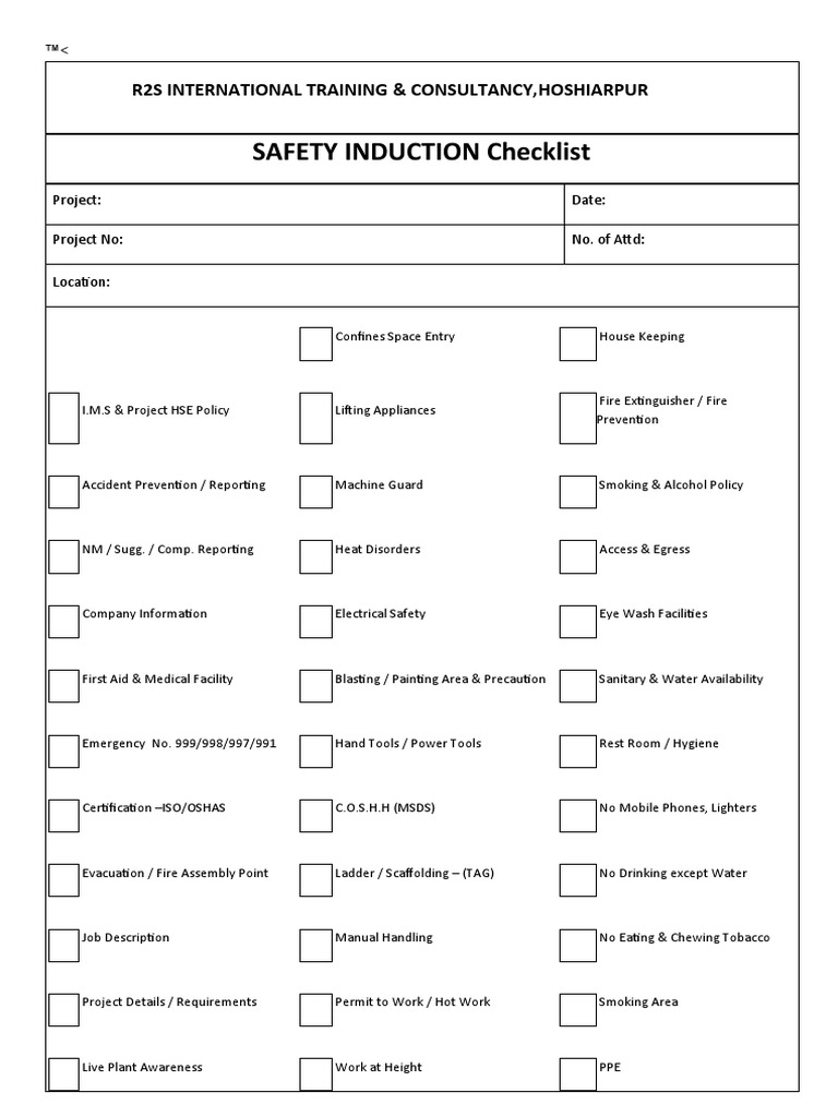 Safety Induction Checklist: R2S International Training & Consultancy, Hoshiarpur | PDF