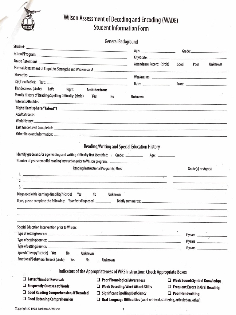 Wade Assessment | PDF | Special Education | Learning Disability