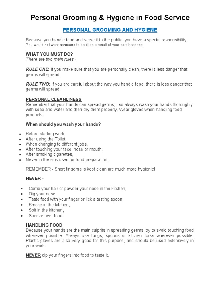 Personal Grooming & Hygiene in Food Service | PDF | Hygiene | Foods