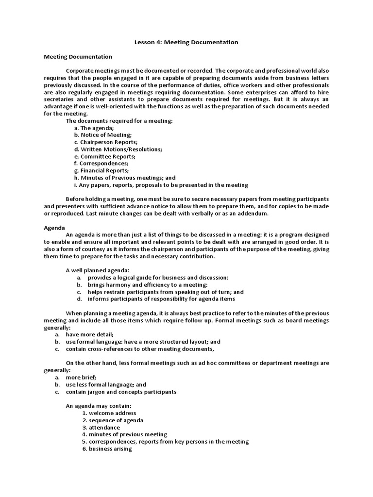 Lesson 4 - Meeting Documentation | PDF | Agenda (Meeting)