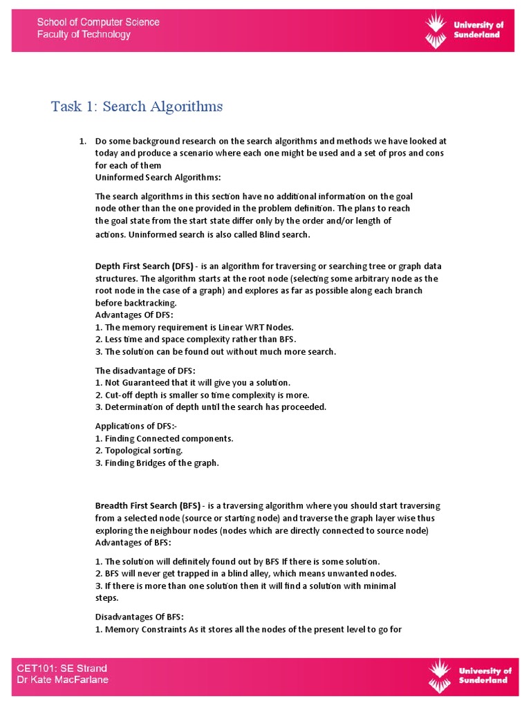Task 1: Search Algorithms: Depth First Search (DFS) - Is An Algorithm For Traversing or ...