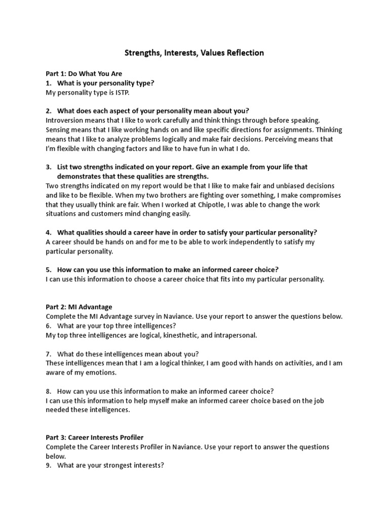 Lesson 1 - Strengths Interests Values Reflection | PDF | Personality ...
