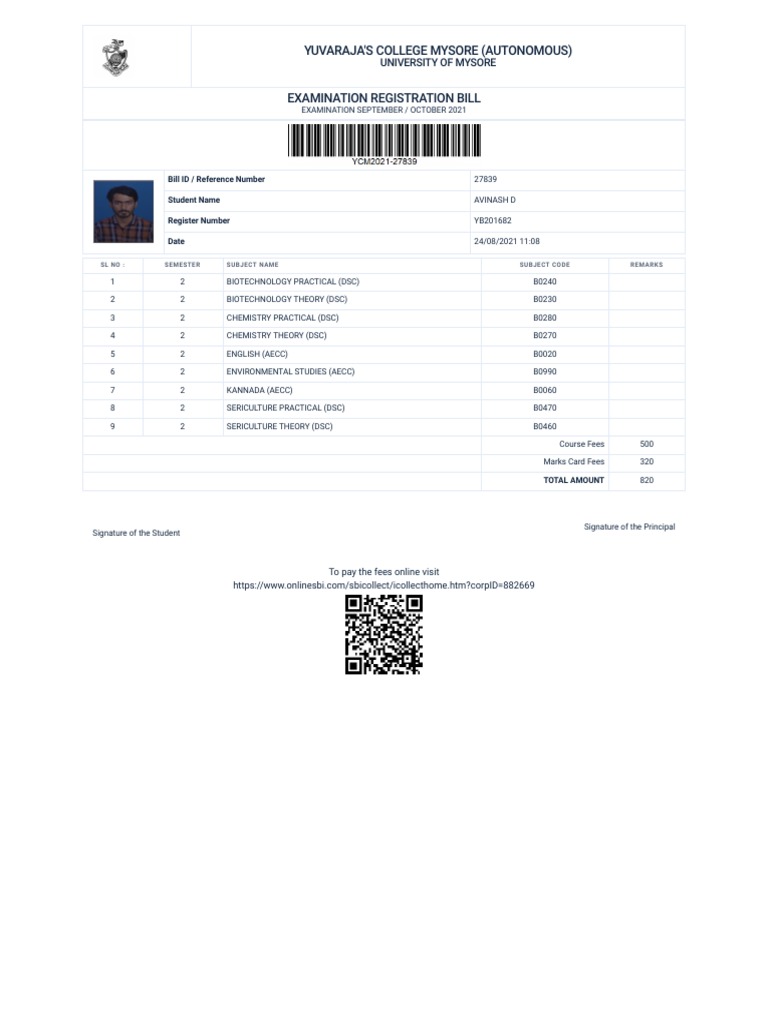 Yuvaraja'S College Mysore (Autonomous) : Bill ID / Reference Number ...