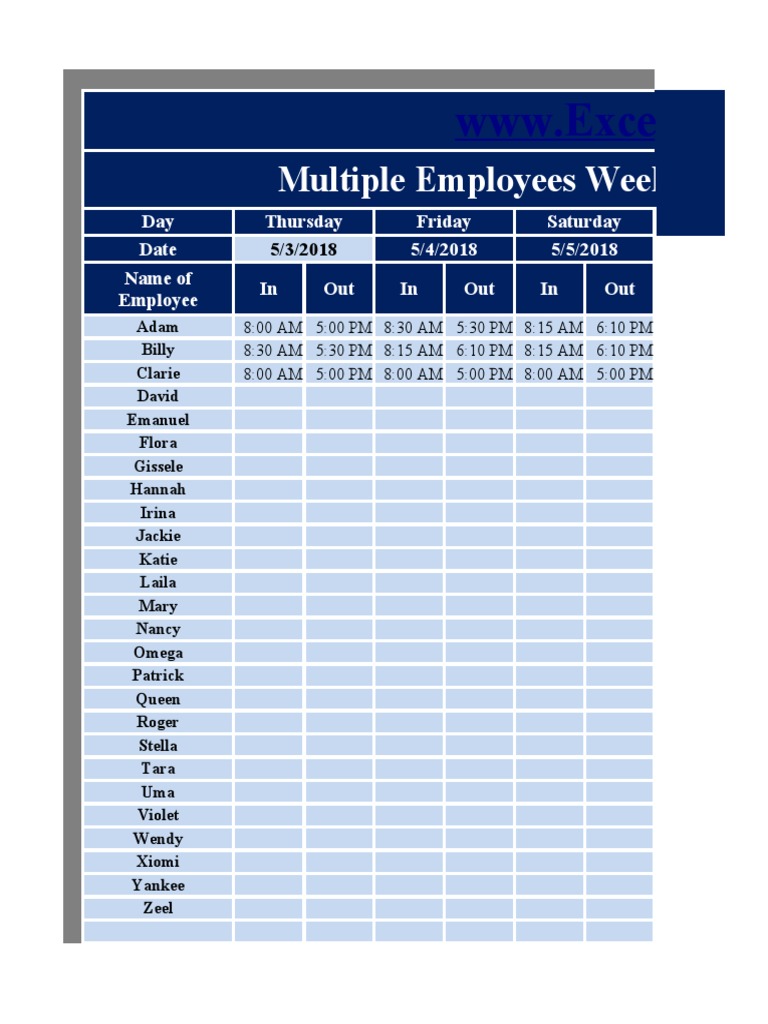 Multiple Employees Weekly Timesheet Excel Template | PDF