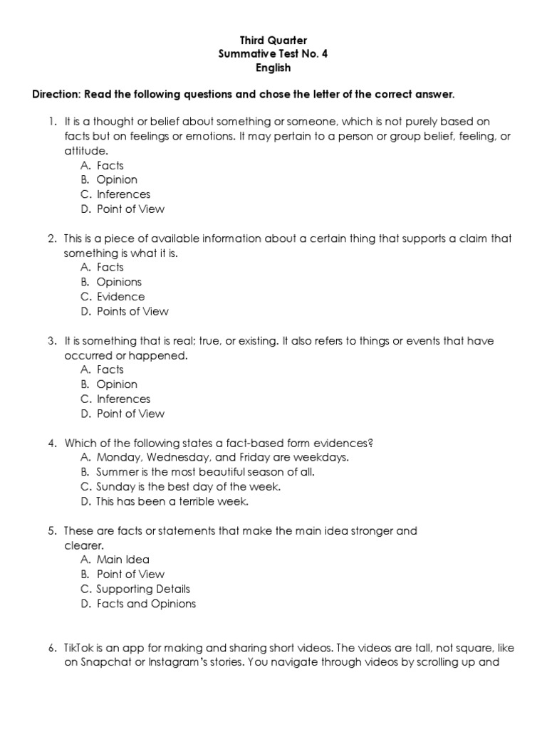 Third Quarter Summative Test No. 4 English Direction: Read The ...