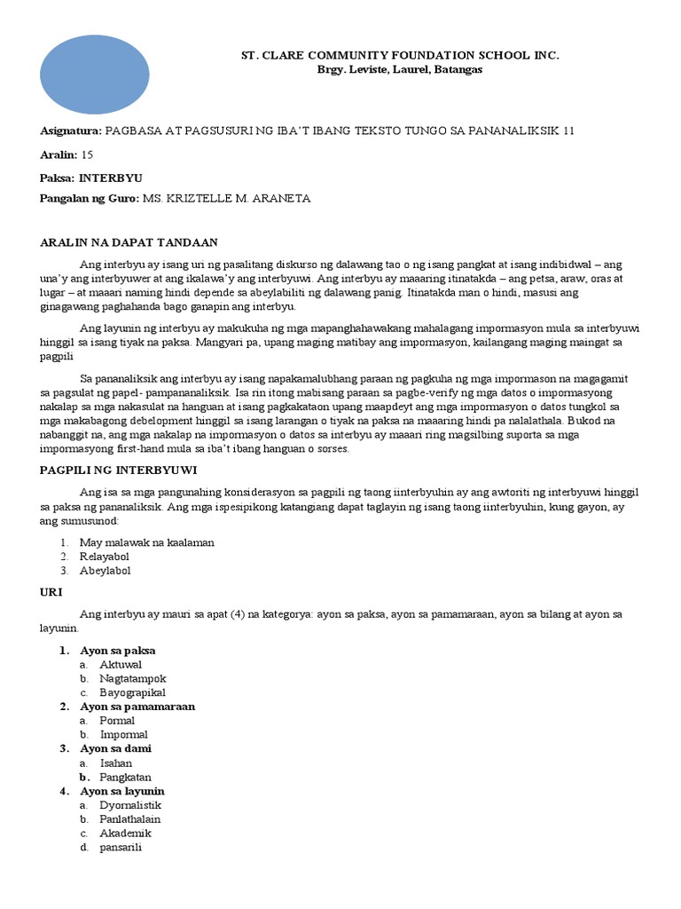 Instructional Module in Pagbasa at Pagsusuri 11 Lesson 15 | PDF