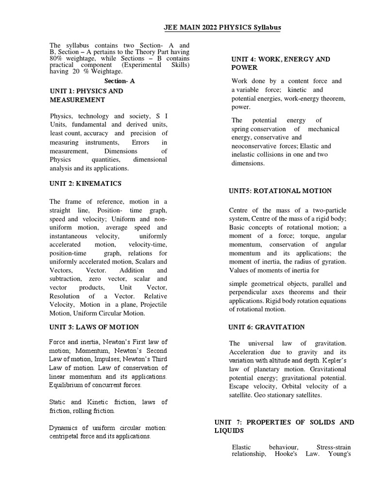 Unit 4: Work, Energy and Power: JEE MAIN 2022 PHYSICS Syllabus | PDF ...