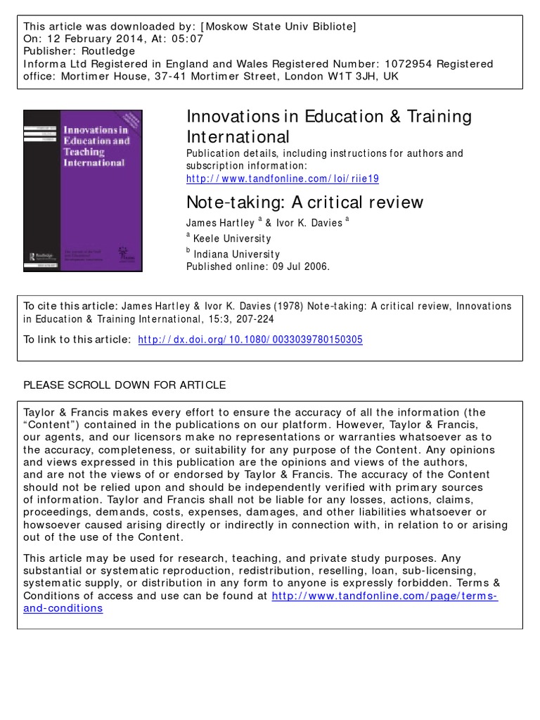 Note-Taking: A Critical Review | PDF | Experiment | Recall (Memory)