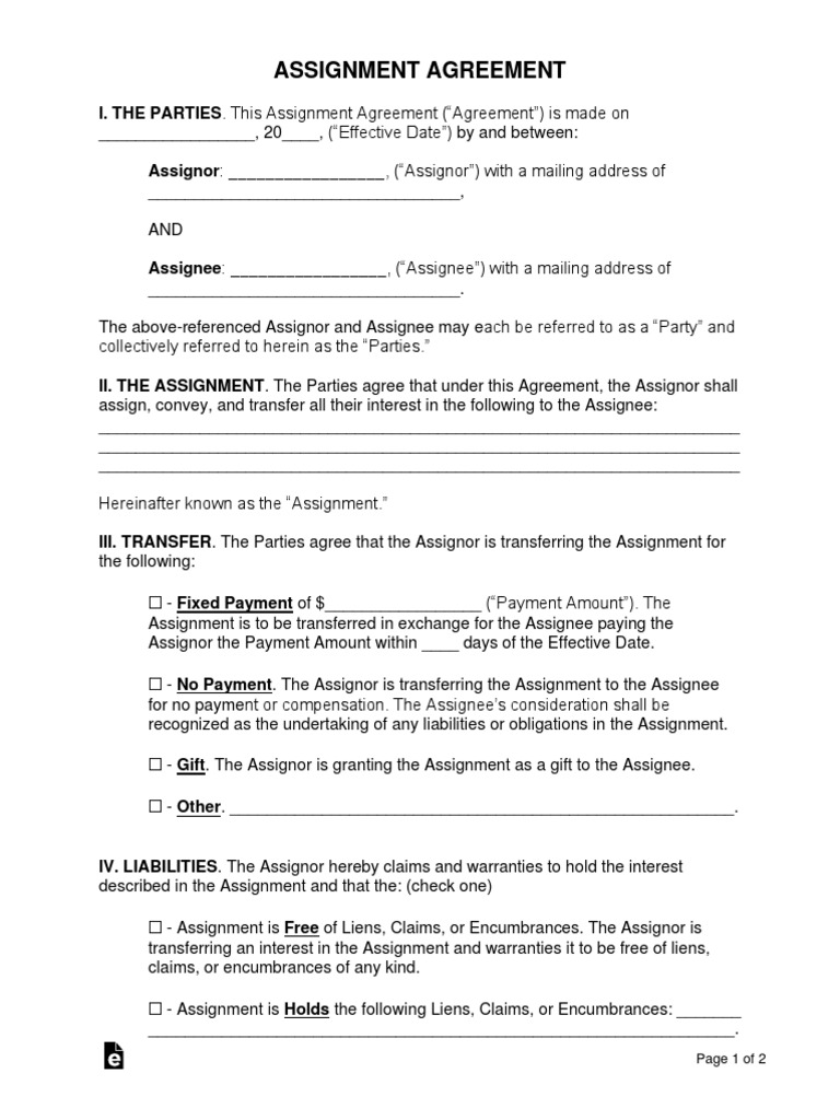 Assignment Agreement Form | PDF | Assignment (Law) | Civil Law (Legal ...