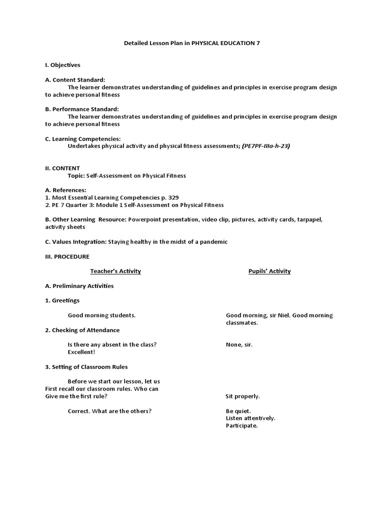 Detailed Lesson Plan in PE 7 | PDF | Physical Fitness | Health Sciences