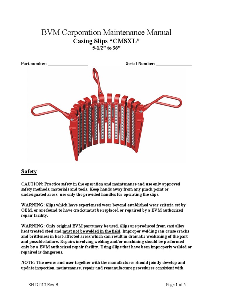 BVM Corporation Maintenance Manual: Casing Slips "CMSXL" | PDF | Pipe ...