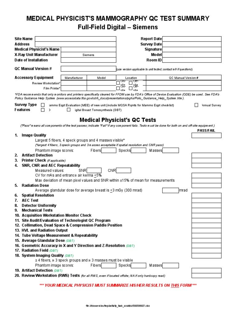 Medical Physicist'S Mammography QC Test Summary Full-Field Digital ...
