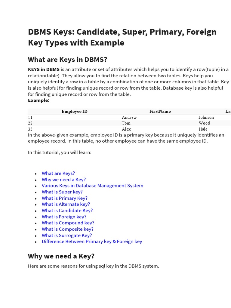 DBMS Keys: Candidate, Super, Primary, Foreign Key Types With Example ...