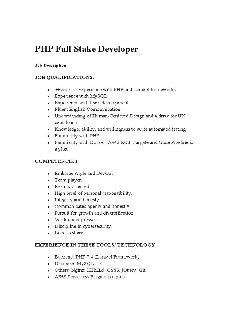 JD - PHP Full Stack Developer | PDF | Computers