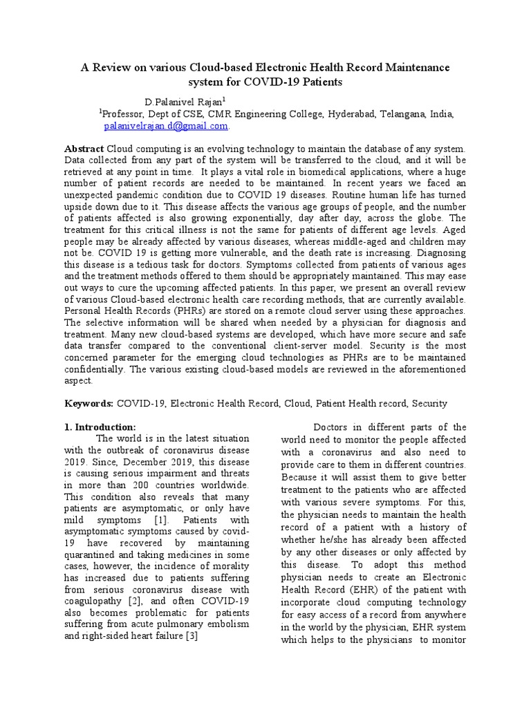 A Review On Various Cloud-Based Electronic Health Record Maintenance System For COVID-19 ...