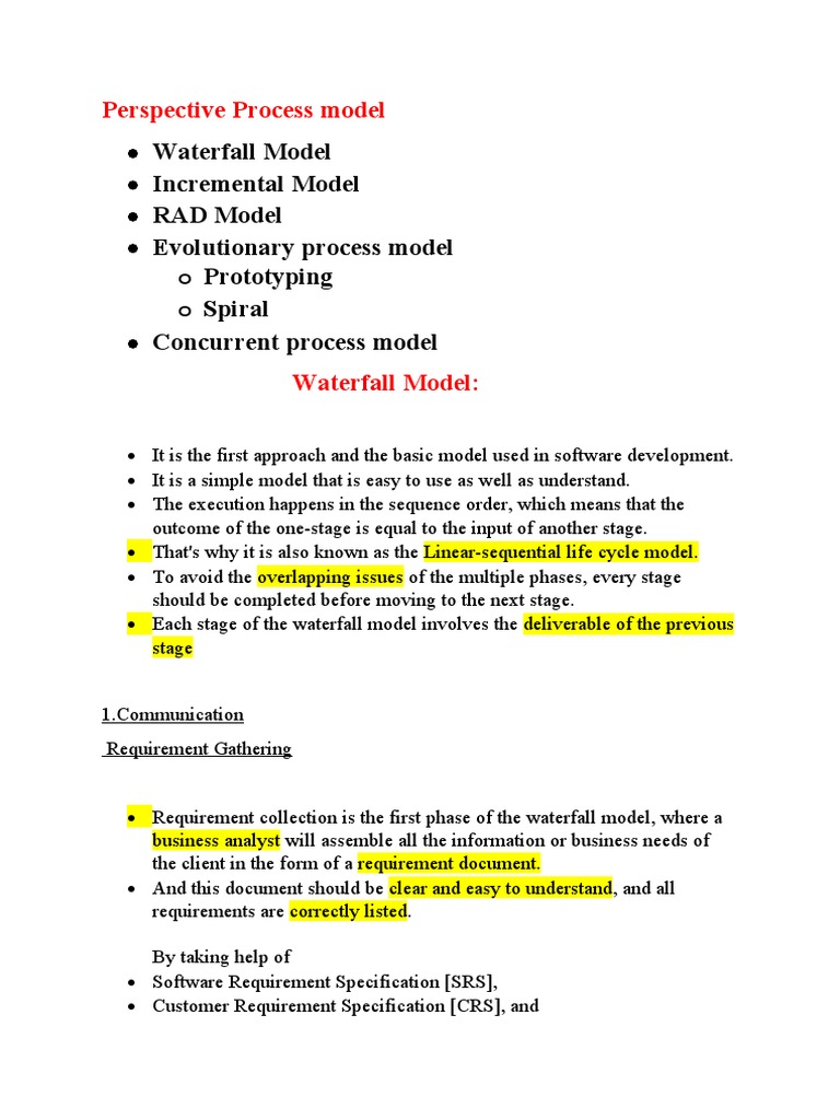 Waterfall Model Incremental Model RAD Model Evolutionary Process Model ...