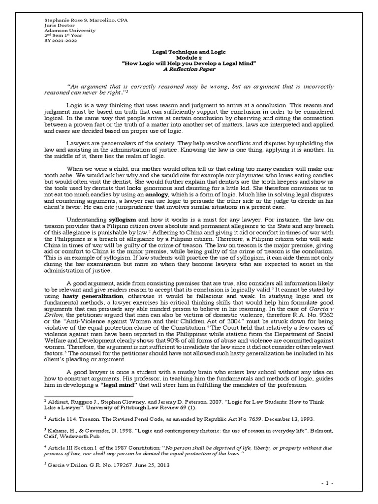 Reflection Paper - How Logic Will Help You Develop A Legal Mind | PDF ...