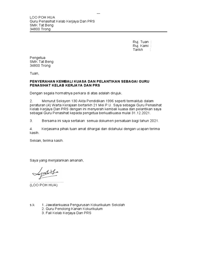 22 Surat Penyerahan Kembali Kuasa Dan Perlantikan Guru Pemimpin | PDF