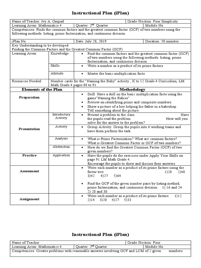 Instructional Plan (Iplan) : Elements of The Plan Methodology | PDF ...