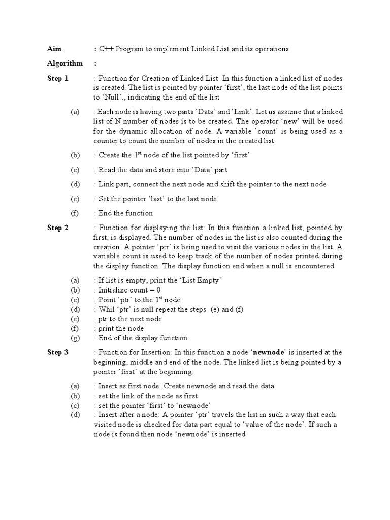 Aim C Program To Implement Linked List And Its Operations Algorithm 9834