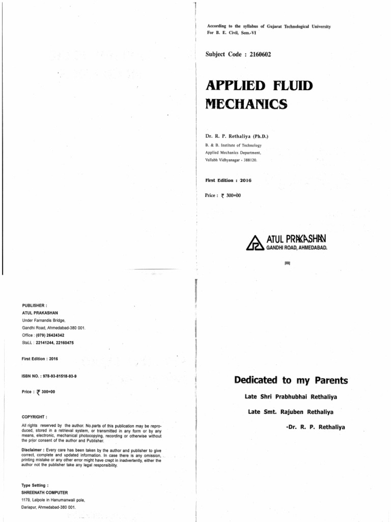Applied Fluid Mechanics by R P Rethaliya | PDF