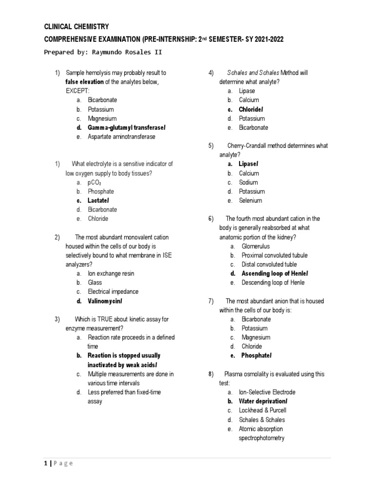 Clinical Chemistry Comprehensive Exam | PDF | Chemistry | Chloride