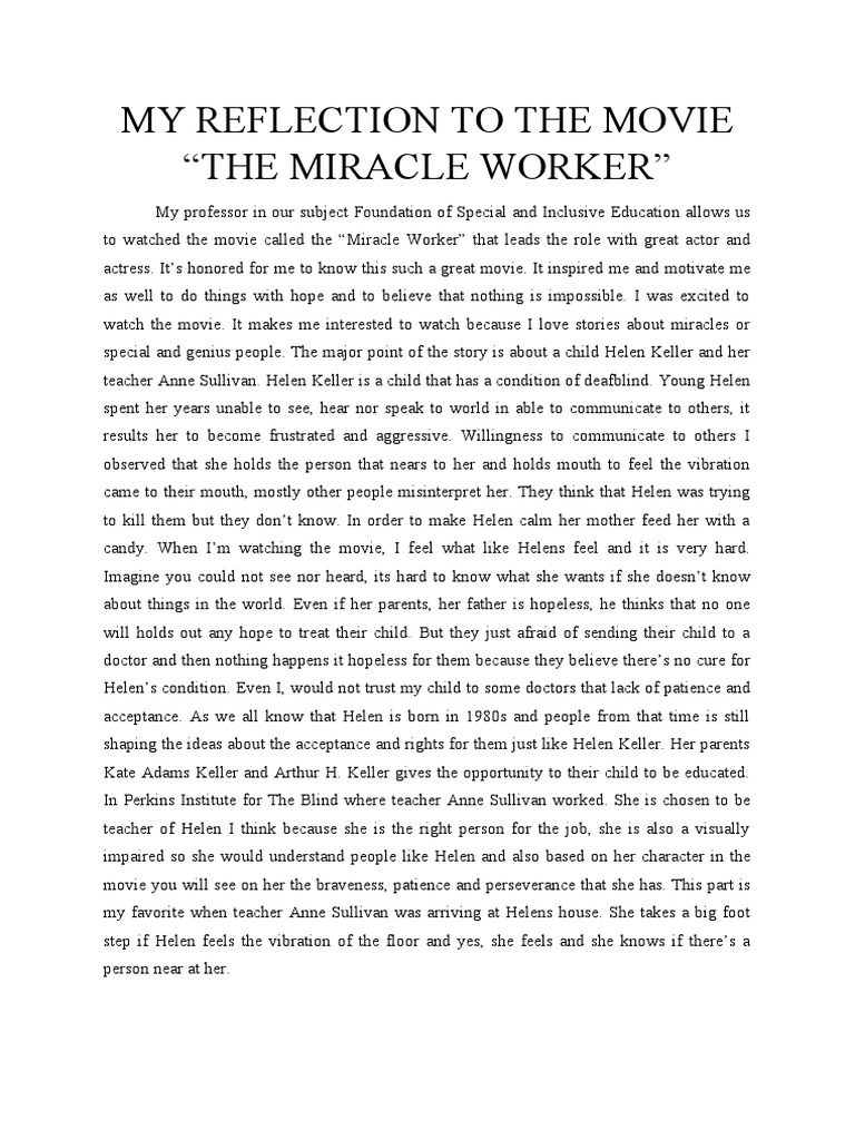 My Reflection To The Movie "The Miracle Worker" | PDF | Helen Keller ...