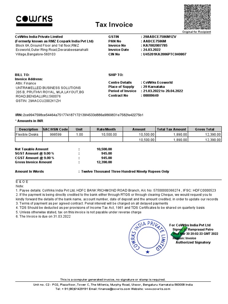 Tax Invoice: IRN | PDF | Payments | Taxes