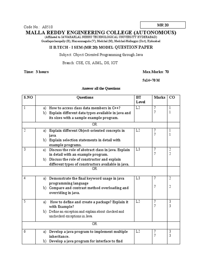 II B.Tech I Sem OOPS Final Exam (MR20) Model Paper | Download Free PDF | Method (Computer ...